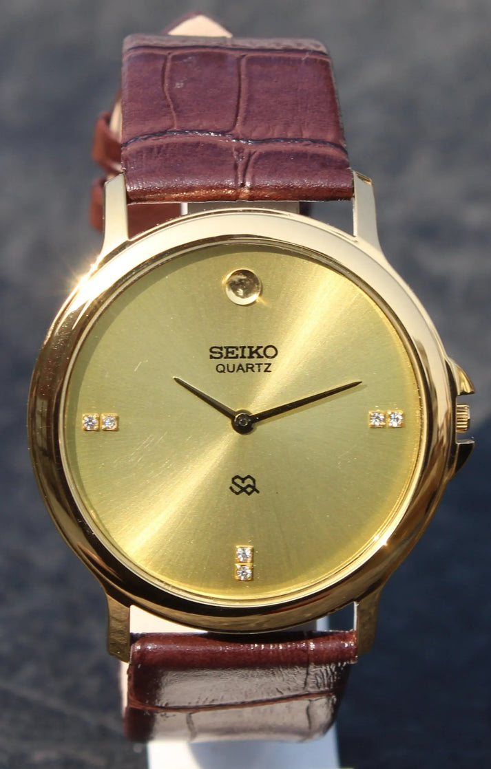 Super Slim - Seiko Quartz Two Hands Japan Made Golden Dial Wristwatch ...